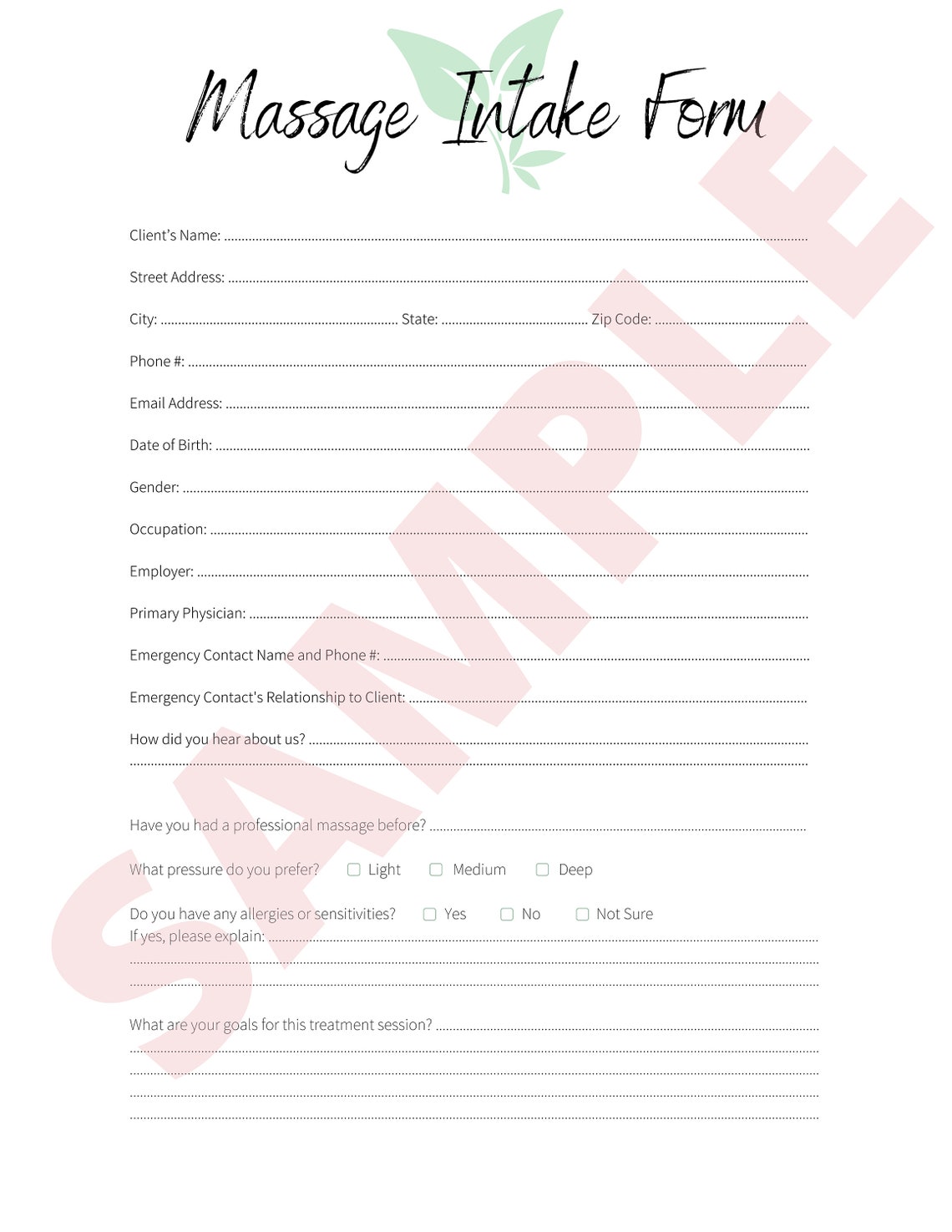 Massage Intake Form New Client Form Massage Therapist - Etsy