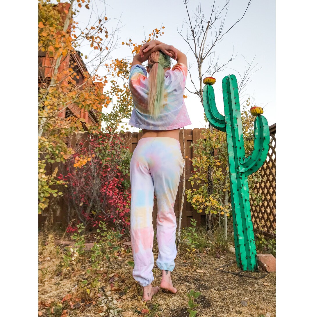 Rainbow Tie Dye Travel Lounge Set With Crop Top And Sweat Pant Set Hand
