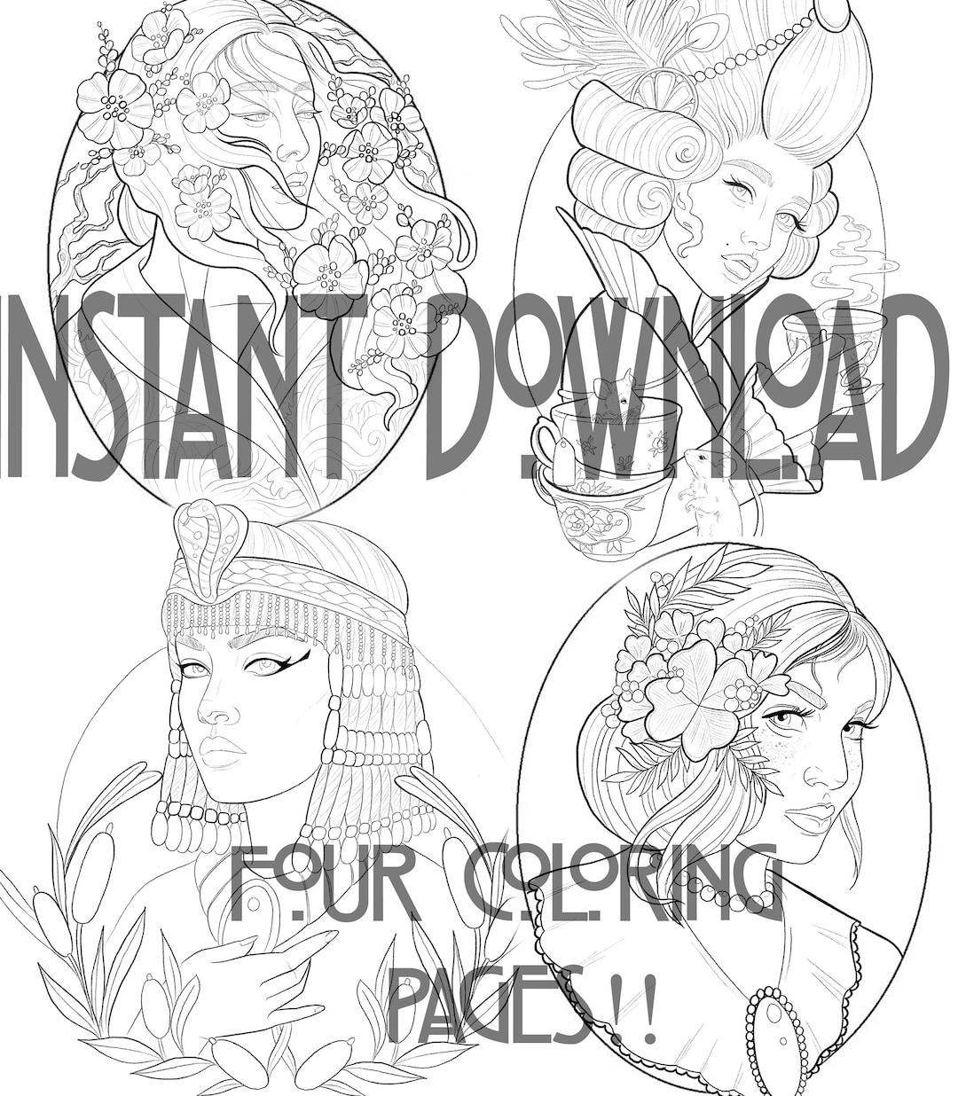 Female Portraits to Color INSTANT DOWNLOAD Oval Portraits and Circle ...