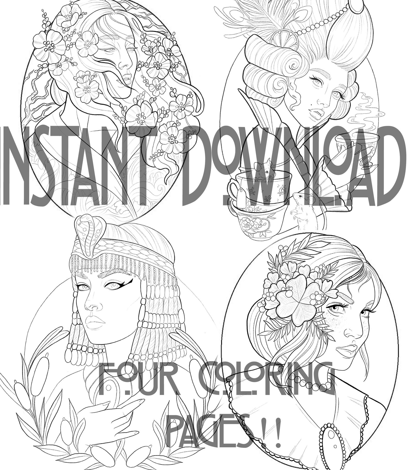 Female Portraits to Color INSTANT DOWNLOAD Oval Portraits and Circle ...