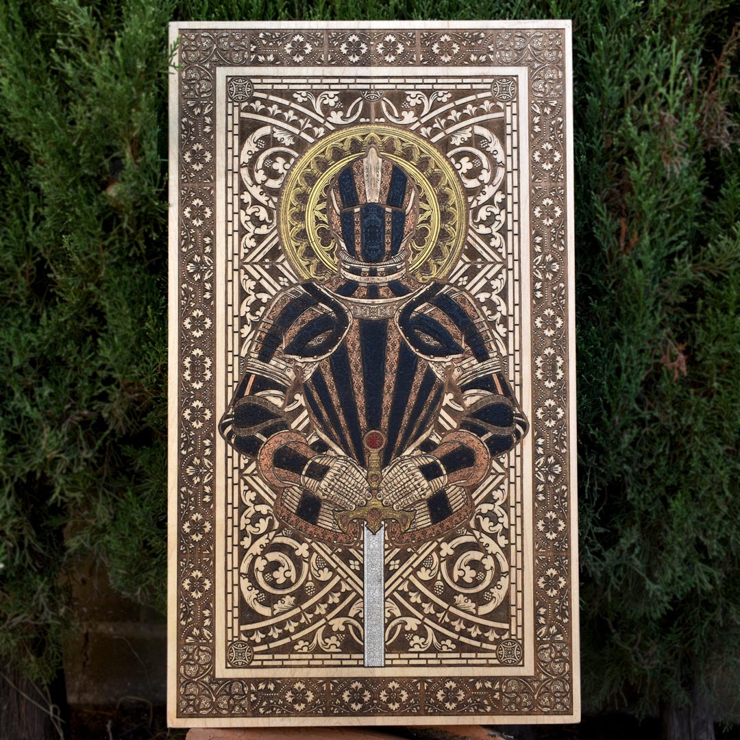 Medieval Knight Armor Portrait Wood Engraving Hand-painted Wall Art ...