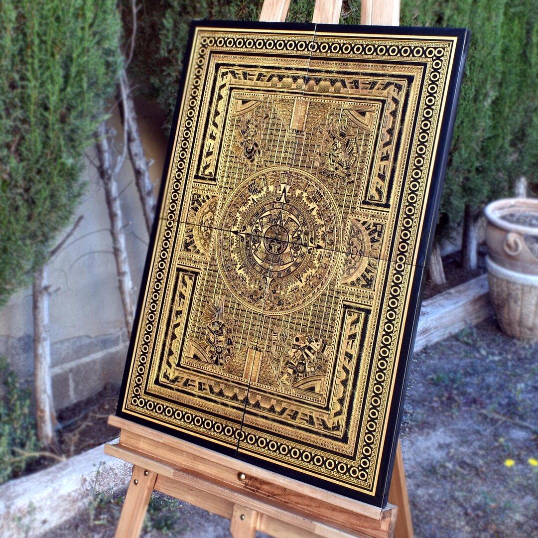 Aztec Calendar Wood Art, Mayan Black and Gold Laser Engraved Wall Decor ...