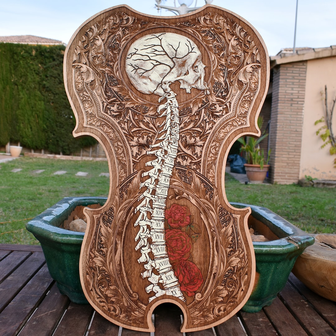 Skull & Spine Wood Art | Gothic Violin-shaped Decor Gift | Handcrafted ...