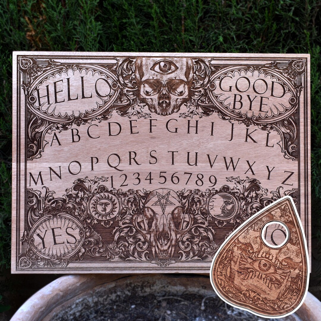 Engraved Wooden Ouija Board & Planchette Set | Occult-themed Spirit ...