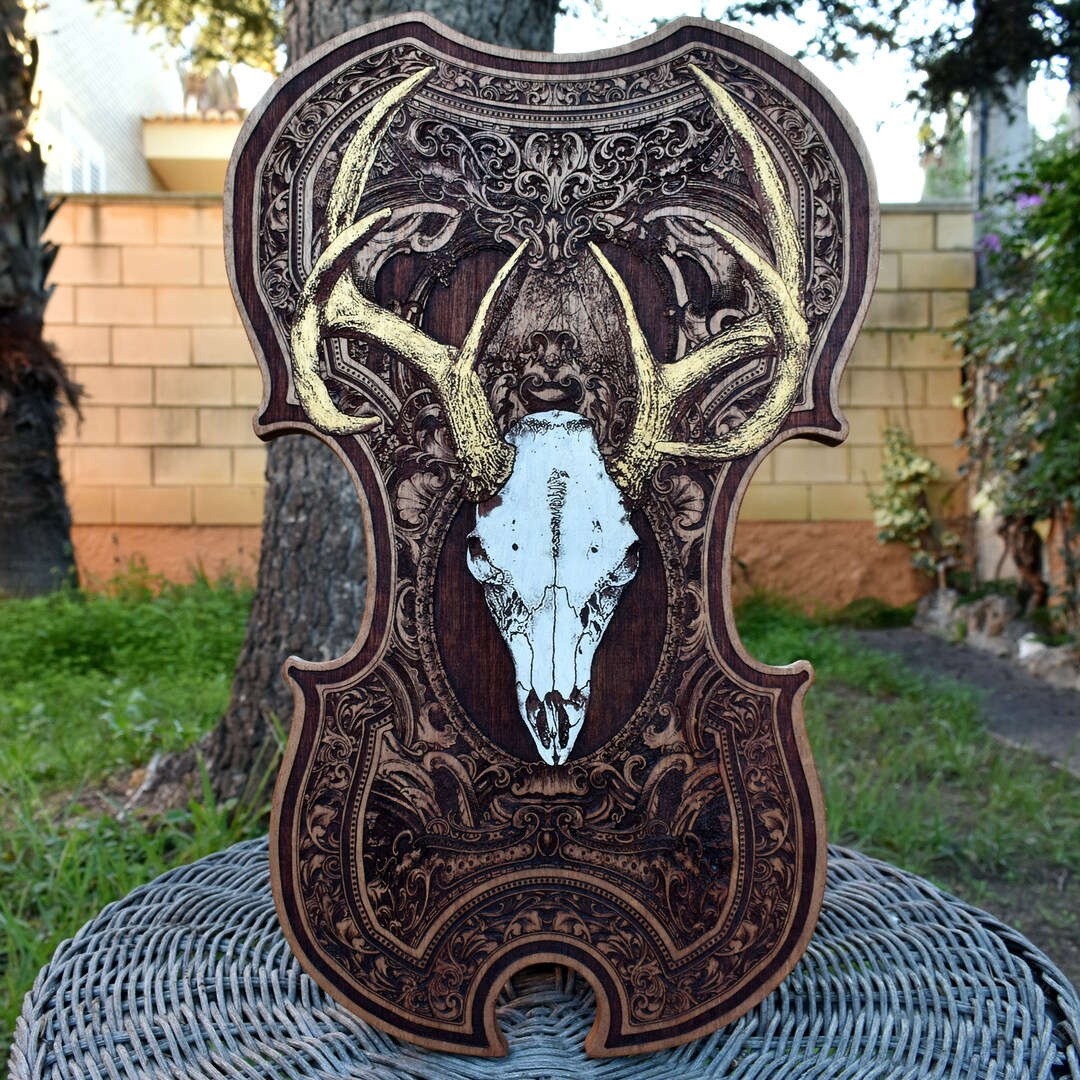 Rustic Deer Skull Wall Art - Engraved Antler Plaque - Hunting Lodge ...