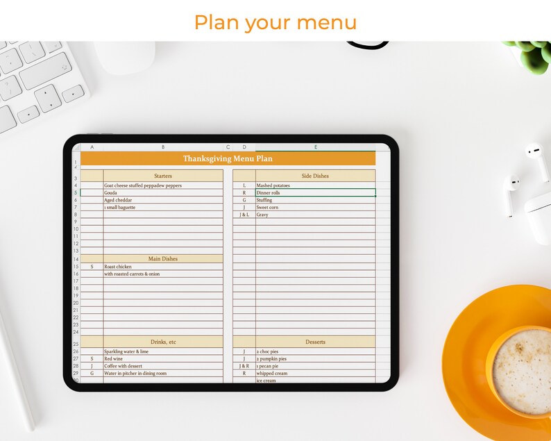 Meal Planner Spreadsheet for Thanksgiving, Friendsgiving Dinner. Menu ...