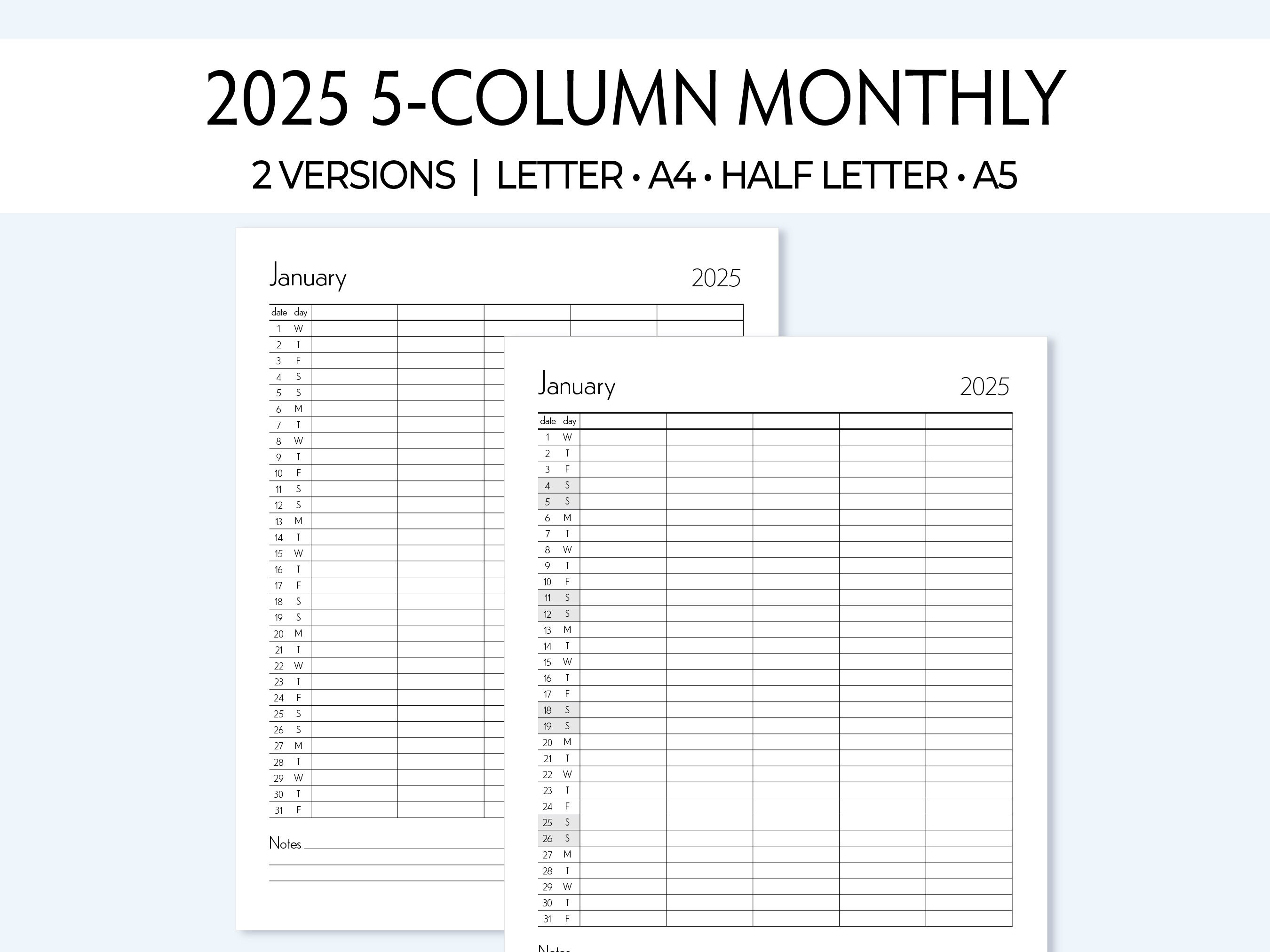 2025 Monthly Planners, 5 Columns for Planning and Tracking. Print on ...