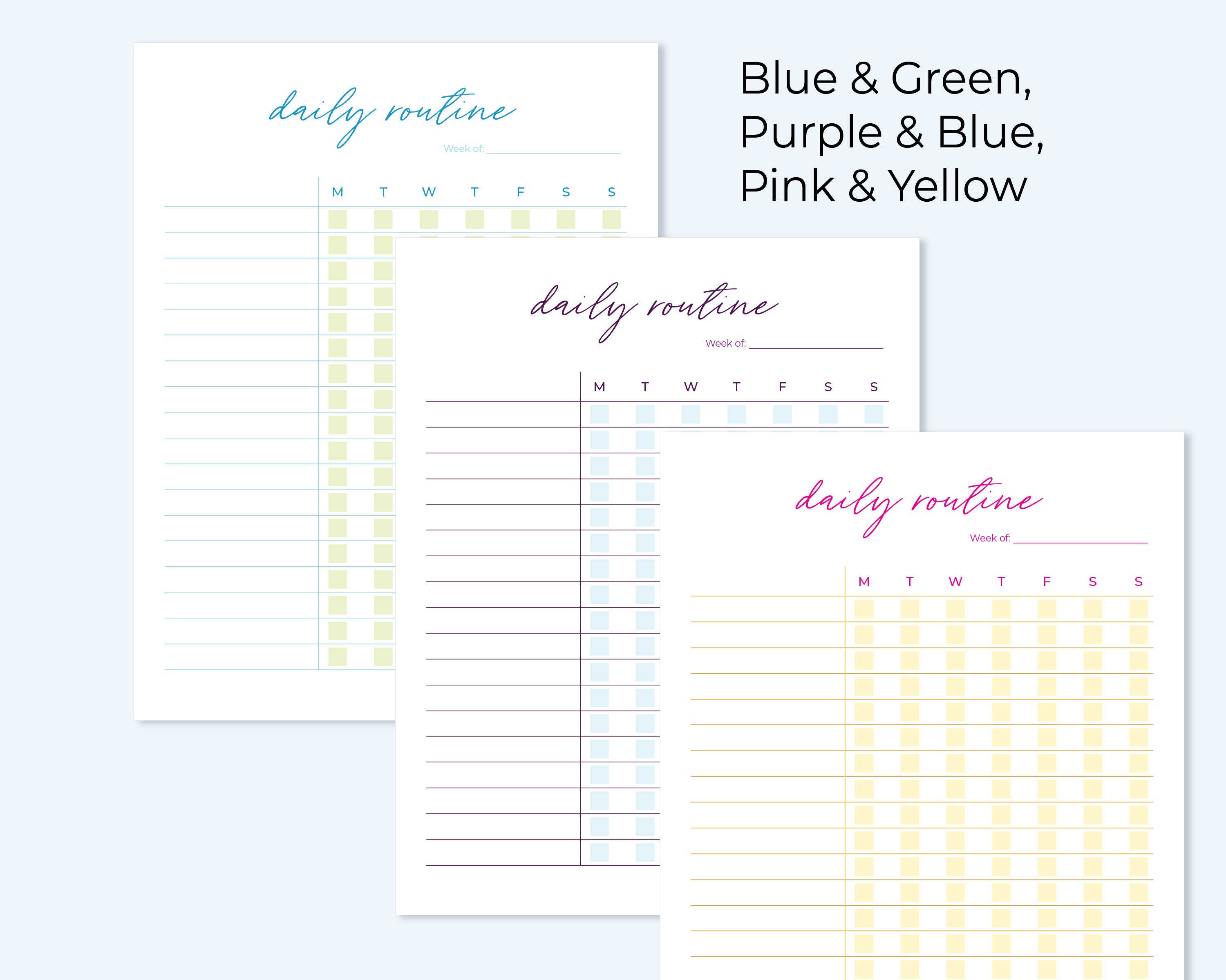 Printable Daily Routine Tracker, Five Color Combinations, Monday Start ...