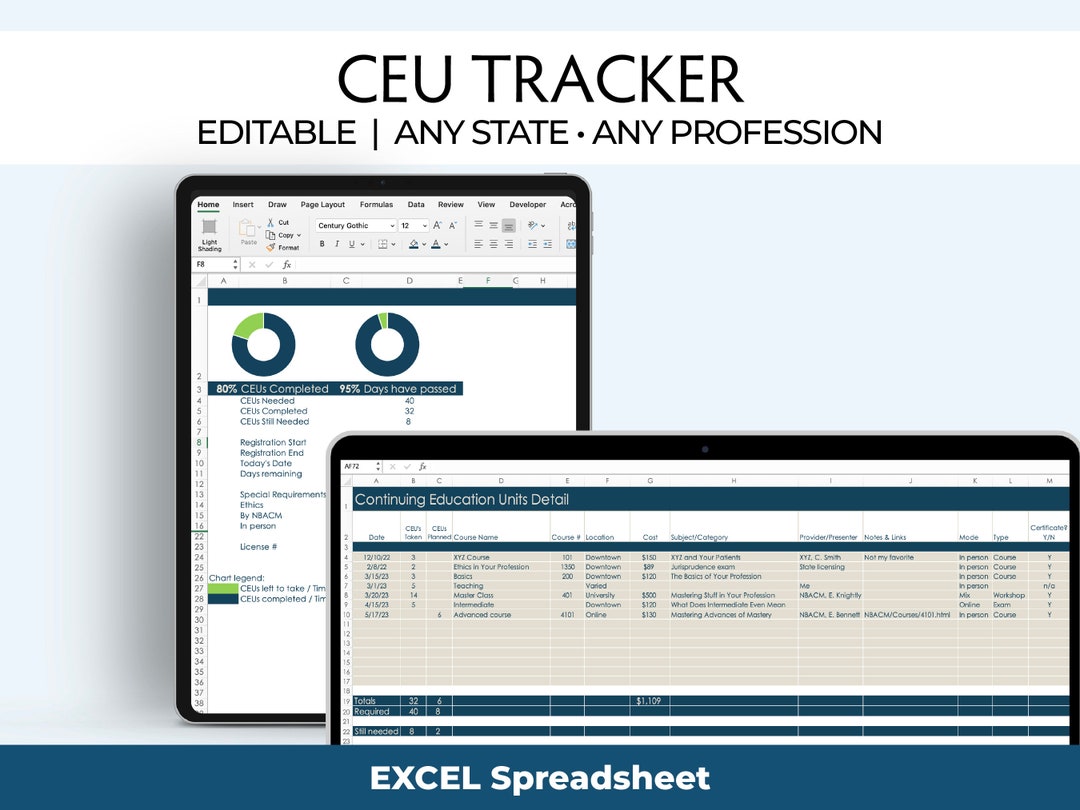 Continuing Education Tracker Excel Spreadsheet, CEU Log, License ...