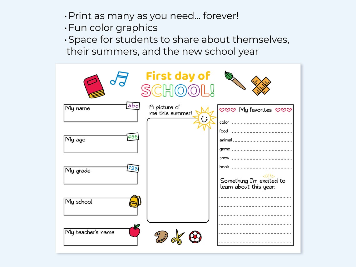 1st Day of School Printable Student Questionnaire. Back to - Etsy