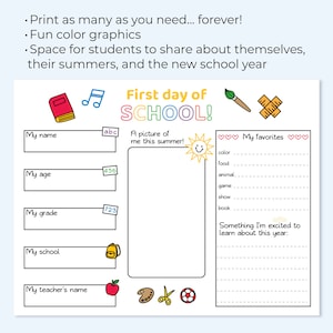 1st Day of School Printable Student Questionnaire. Back to - Etsy