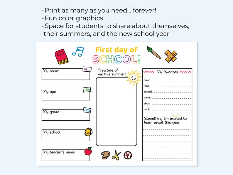 1st Day of School Printable Student Questionnaire. Back to - Etsy