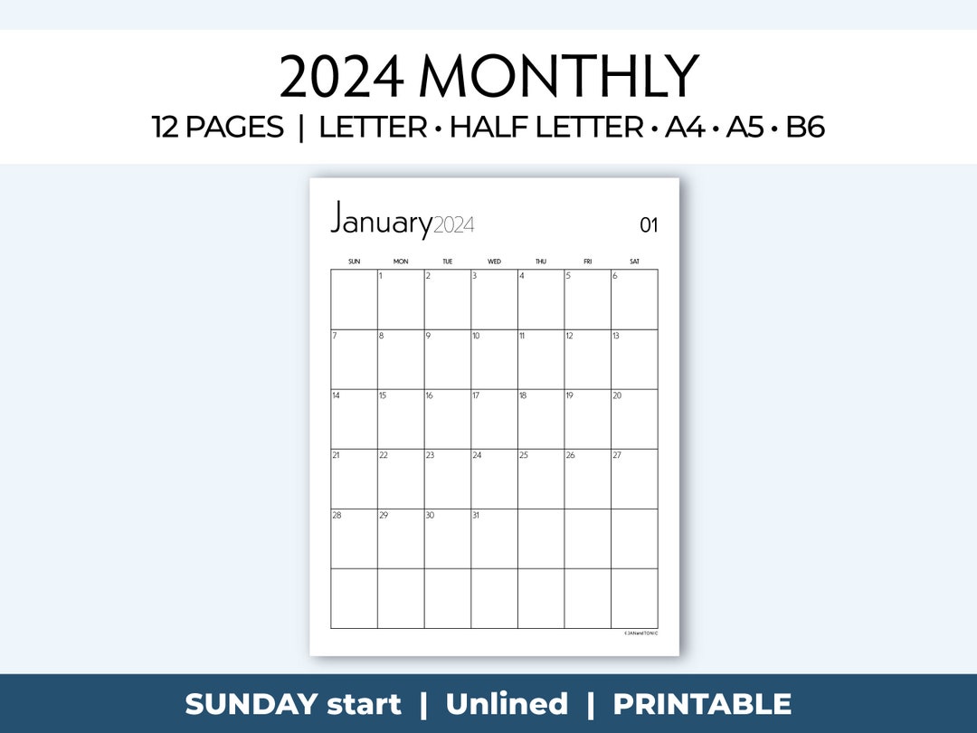 2024 Monthly Calendar, Printable Insert, Minimalist Planner Page, Month ...
