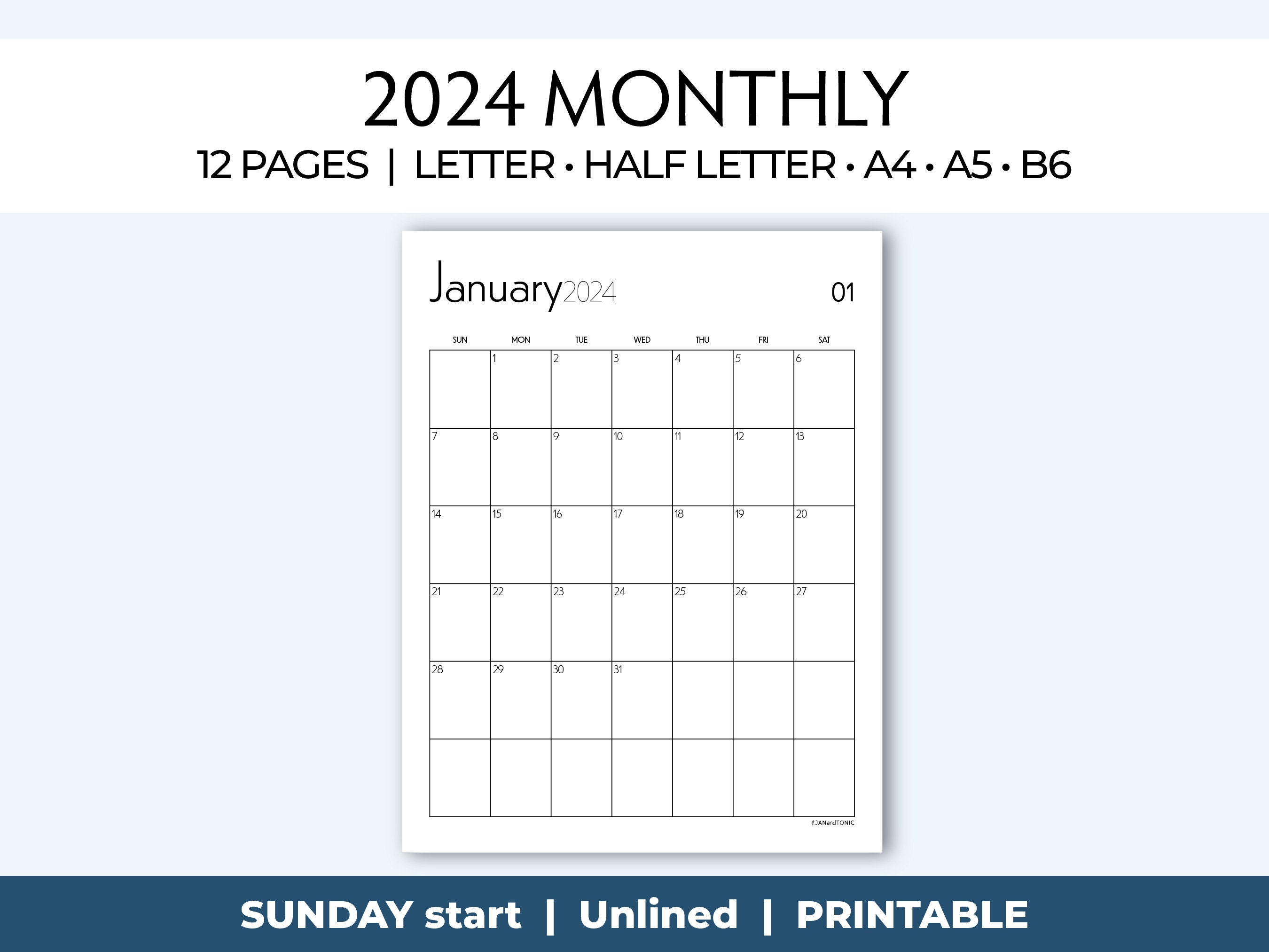2024 Monthly Calendar, Printable Insert, Minimalist Planner Page, Month ...