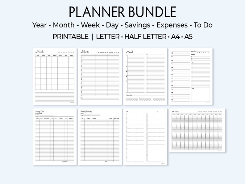Printable Planner Bundle, Year, Month, Week, Day, Savings, Expenses ...
