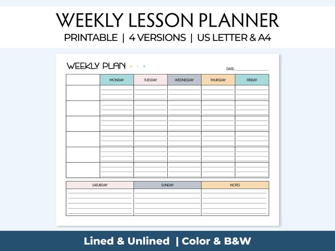 Weekly Lesson Planner Printable, Lined or Unlined, Homeschooling ...