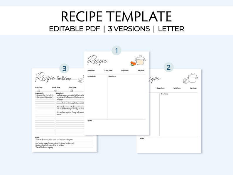 Editable Printable Recipe Template, 8.5 X 11 Fillable Pages, 2 Page ...