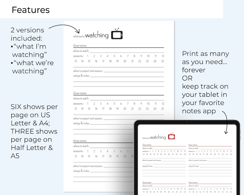 TV Series Tracker Printable AND Digital Watch Lists Episode - Etsy