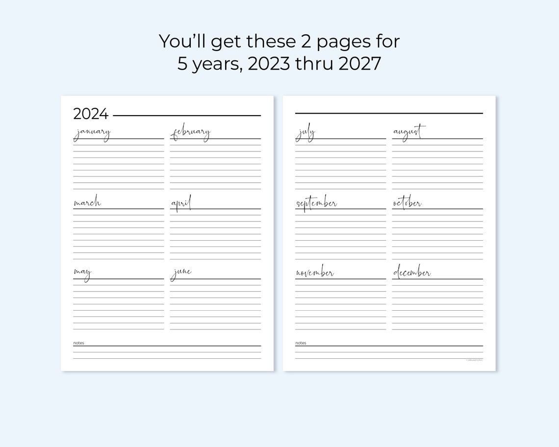 Printable Yearly Planner, Year at a Glance, Minimalist Two Page ...