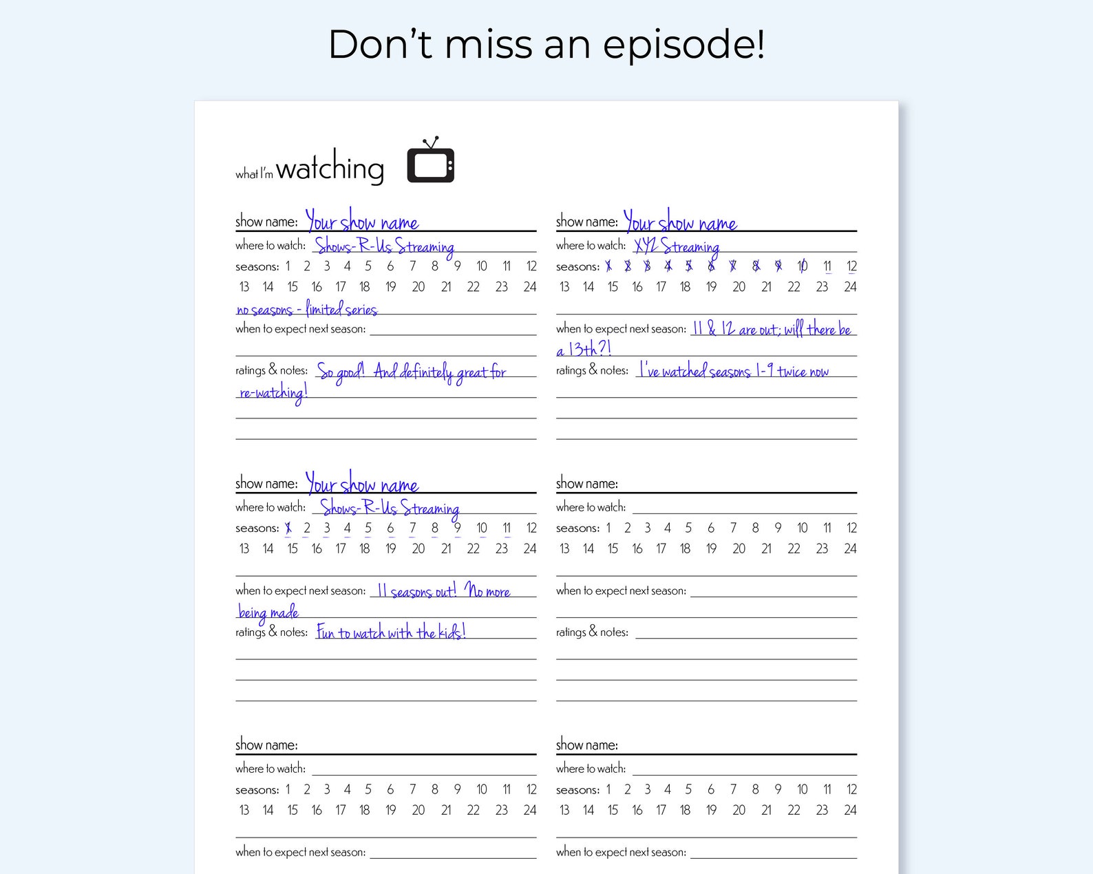 TV Series Tracker, Printable AND Digital Watch Lists, Episode Log ...
