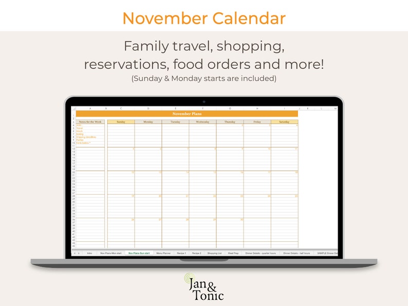 Meal Planner Spreadsheet for Thanksgiving, Friendsgiving Dinner. Menu ...