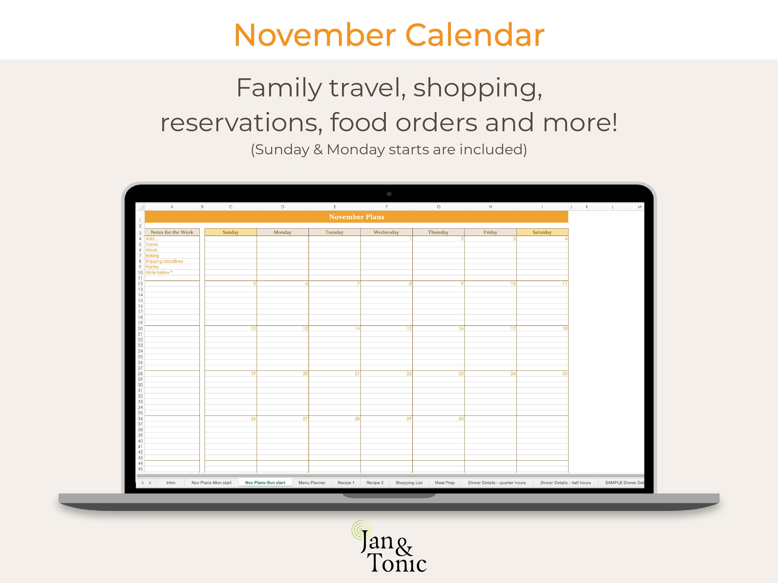 Meal Planner Spreadsheet for Thanksgiving, Friendsgiving Dinner. Menu ...