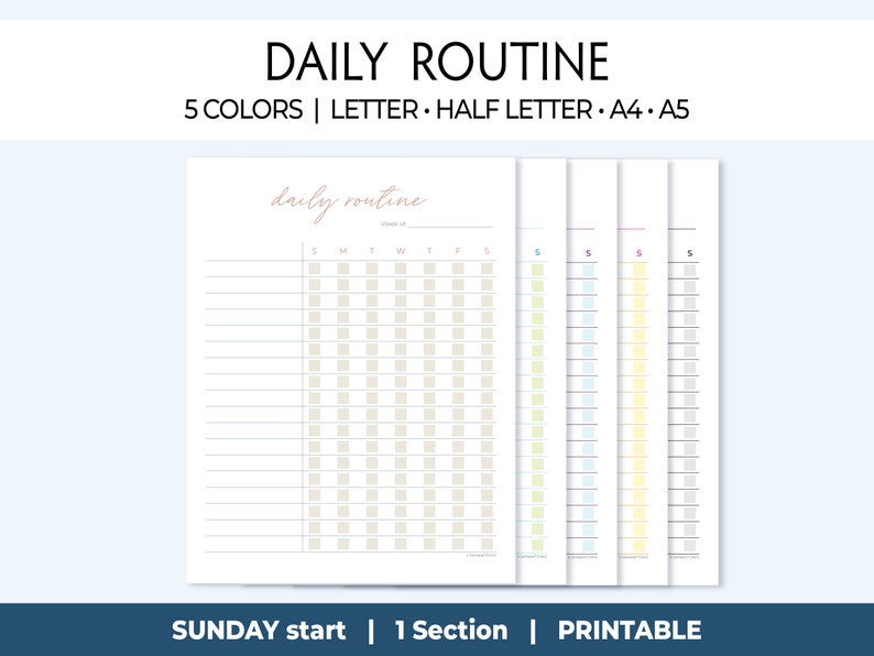 Printable Daily Routine Tracker, Five Color Combinations, Sunday Start ...