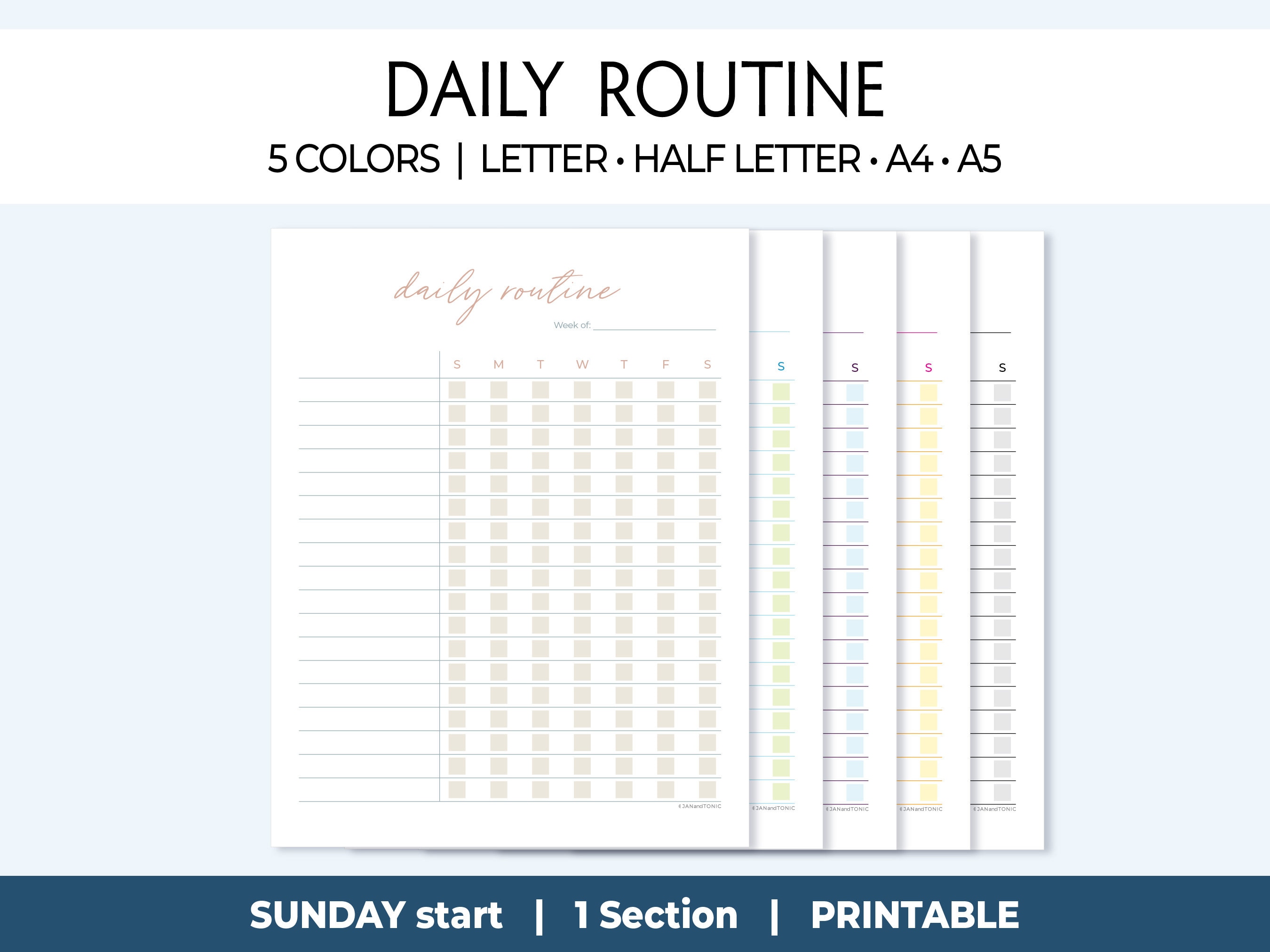 Printable Daily Routine Tracker, Five Color Combinations, Sunday Start ...