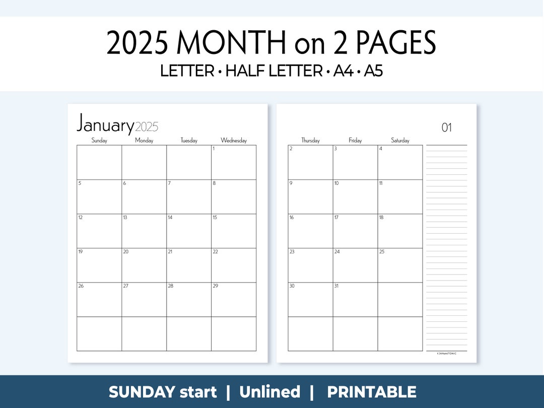 2025 Printable Monthly Planner Insert, Unlined Calendar, Minimalist ...