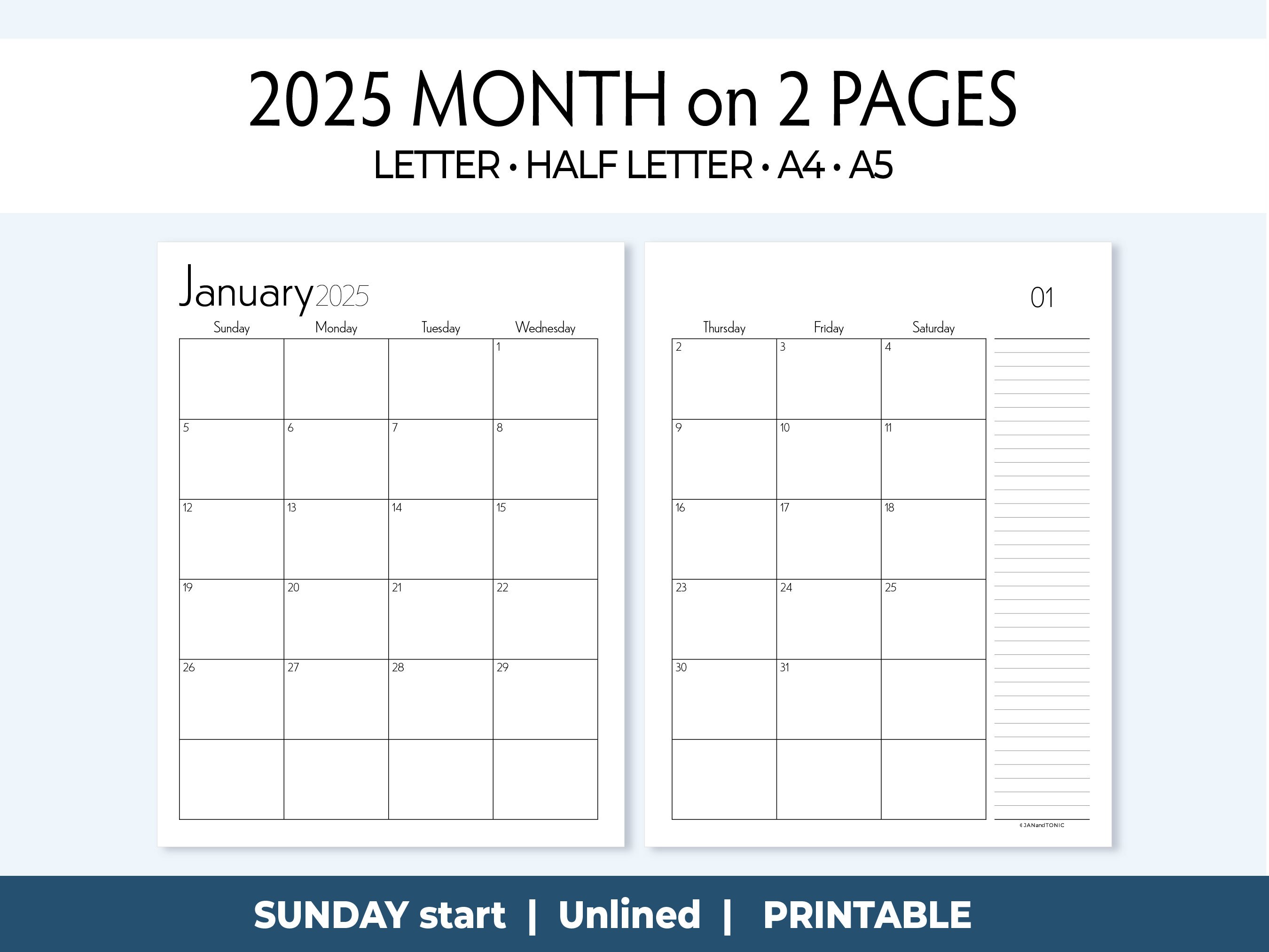 2025 Printable Monthly Planner Insert, Unlined Calendar, Minimalist ...