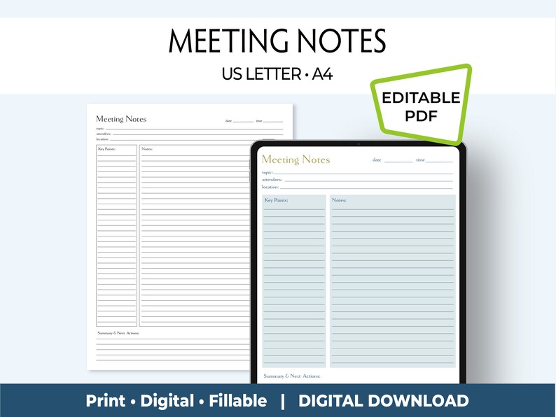 Meeting Minutes Printable, Note Taking Agenda, Professional, School and ...