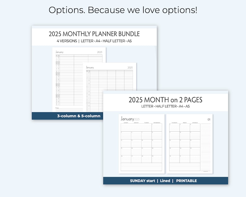 2025 Monthly Lined & Unlined Calendars, Printable PDF Inserts, Digital ...