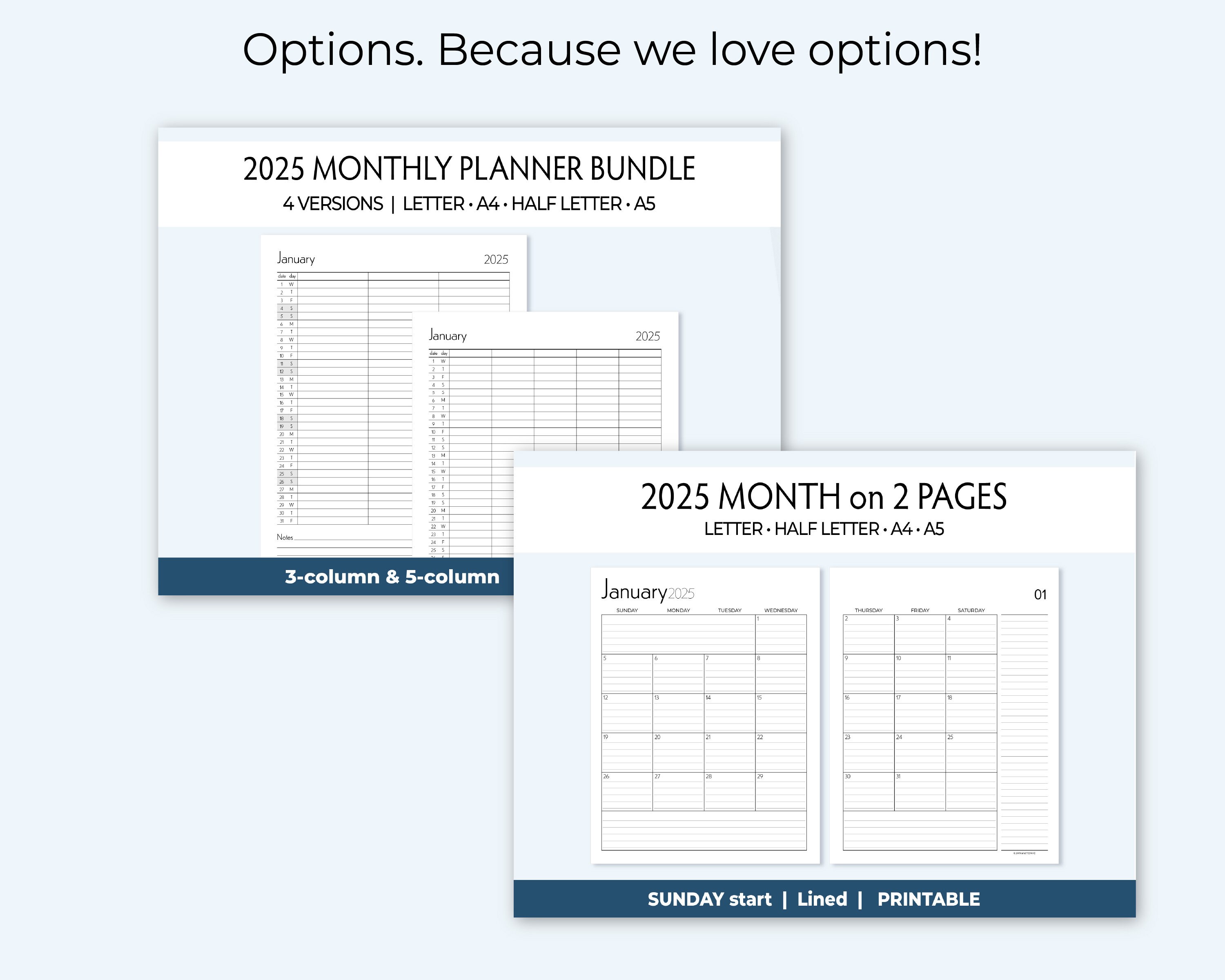 2025 Monthly Lined & Unlined Calendars, Printable PDF Inserts, Digital ...