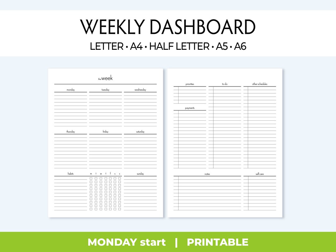 Undated 2 Page Weekly Planner Insert, Undated Dashboard Layout, Week on ...