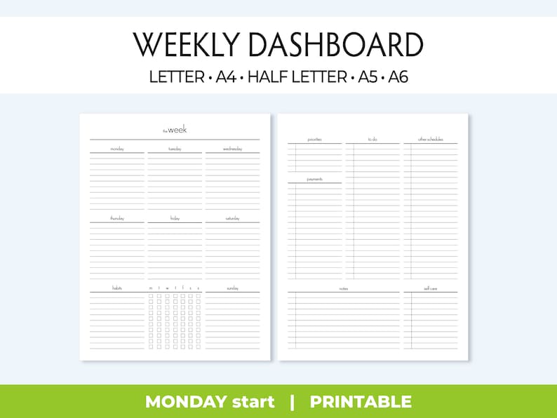 Undated 2 Page Weekly Planner Insert, Undated Dashboard Layout, Week on ...