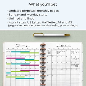 Printable Lined Monthly Calendar Insert, Undated, Perpetual Planner ...