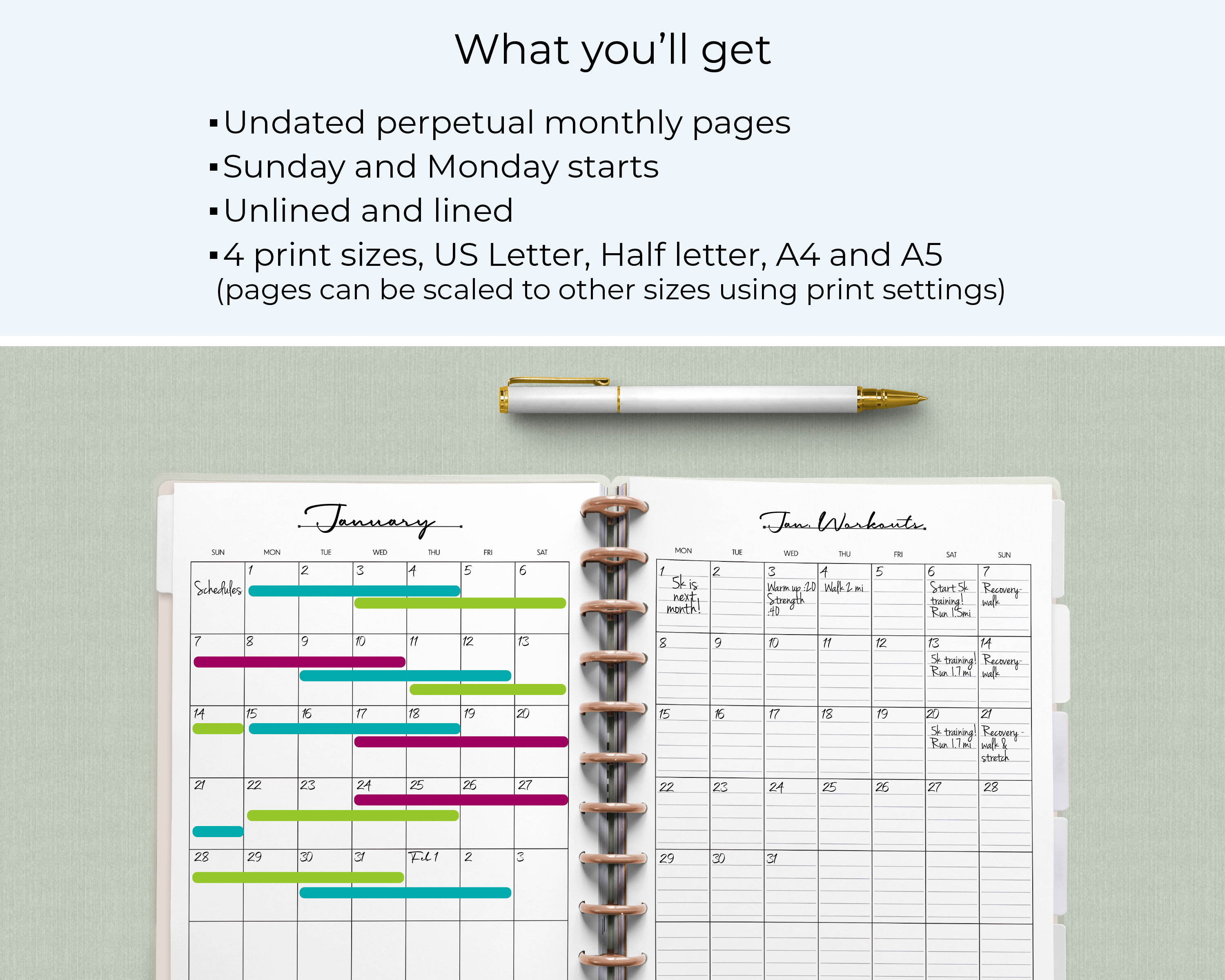 Printable Lined Monthly Calendar Insert, Undated, Perpetual Planner ...