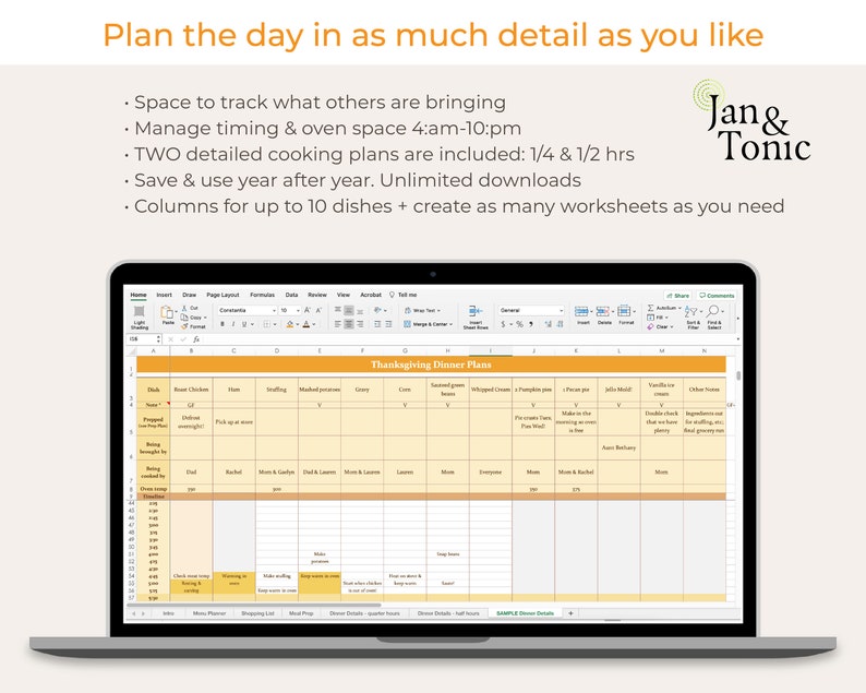 Meal Planner Spreadsheet for Thanksgiving, Friendsgiving Dinner. Menu ...