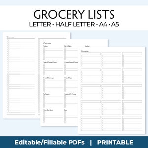 Printable Grocery List Templates, Digital or Print on Letter, Half ...