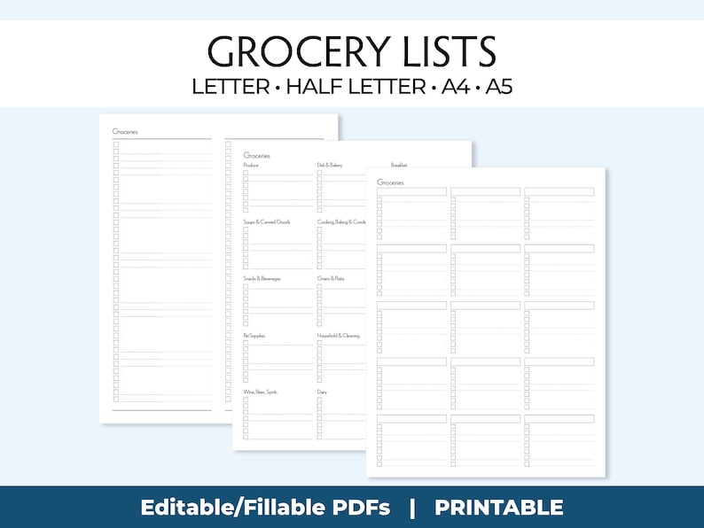 Printable Grocery List Templates, Digital or Print on Letter, Half ...