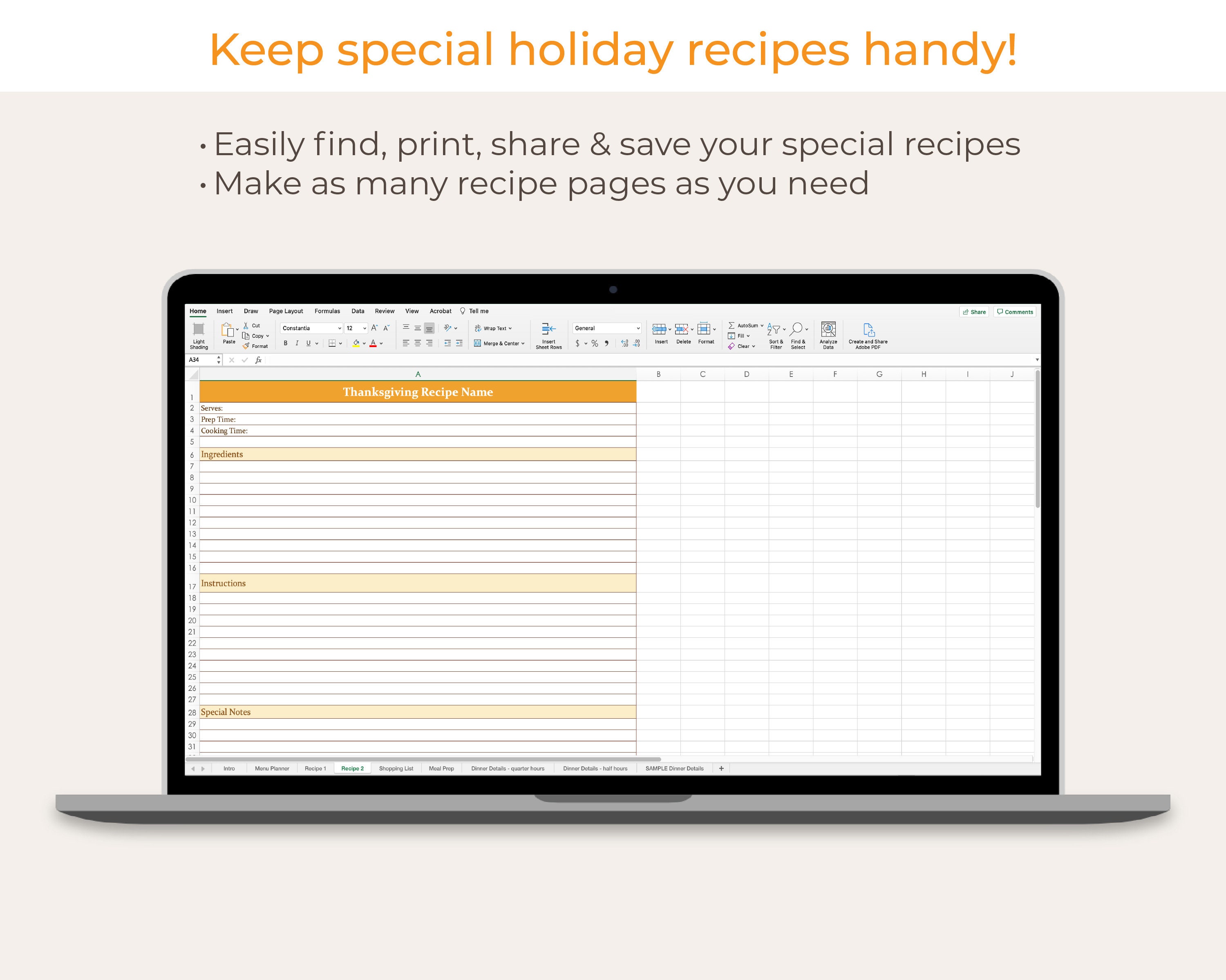 Meal Planner Spreadsheet for Thanksgiving, Friendsgiving Dinner. Menu ...
