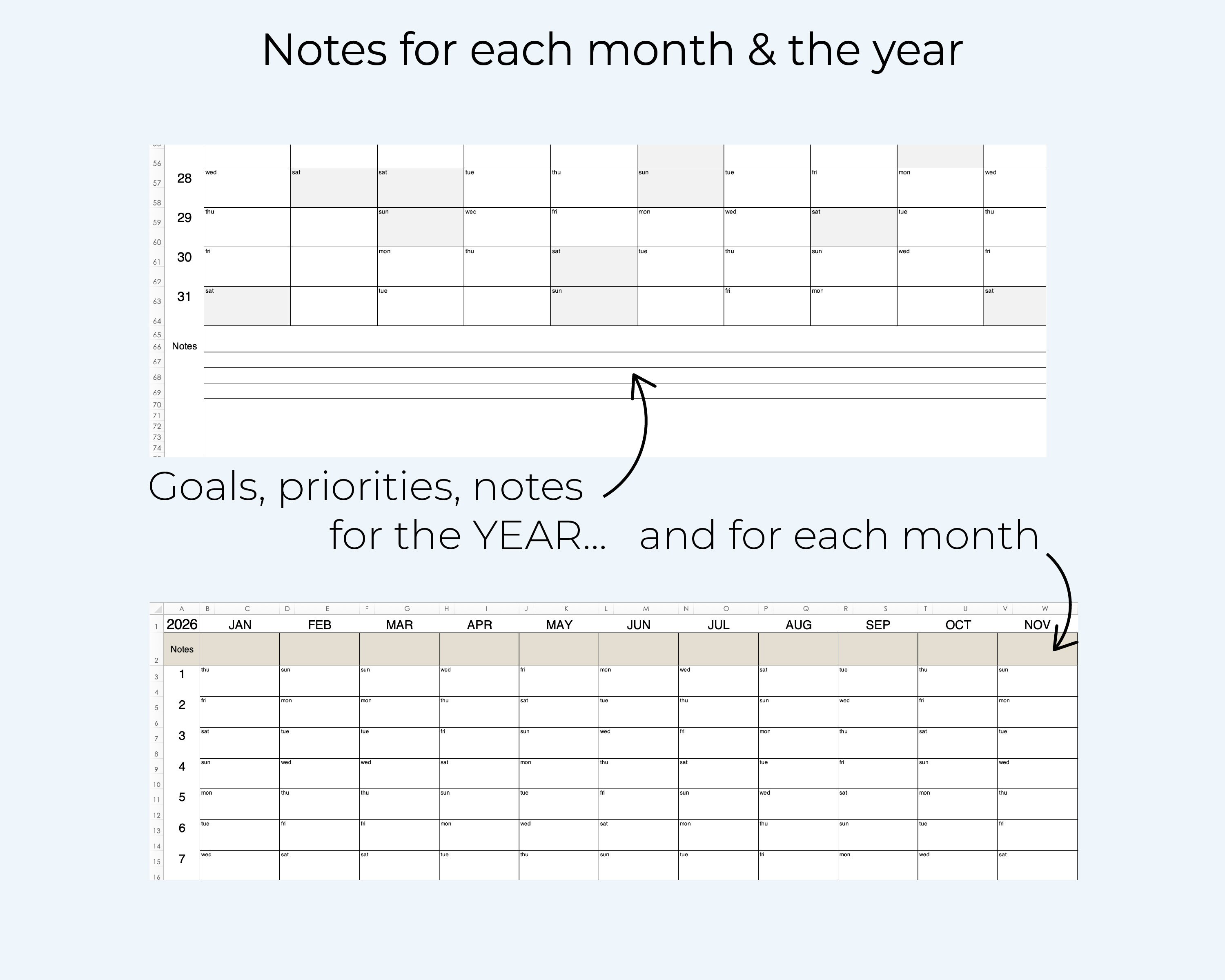 Year Planner Excel Spreadsheet, Family, School, Professional, Travel ...