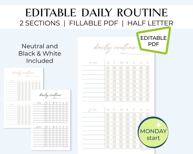 Editable Daily Routine Habit Tracker Monday Start Weekly - Etsy