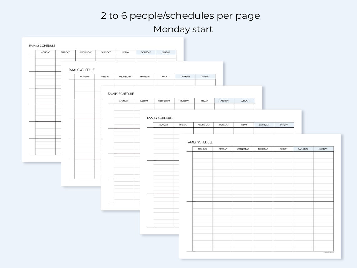 Printable Weekly Family Schedule, Spaces to Plan for 2 to 6 People ...