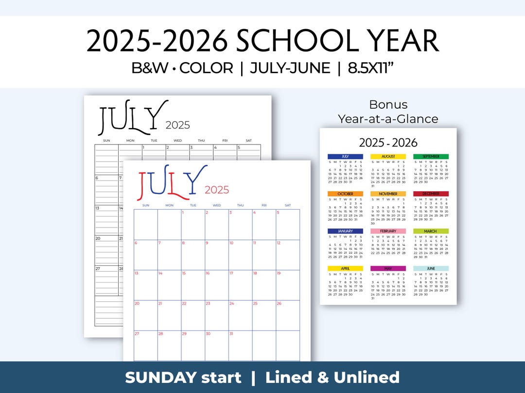 2025-2026 School Year Monthly Lined & Unlined Calendars, Printable PDF ...