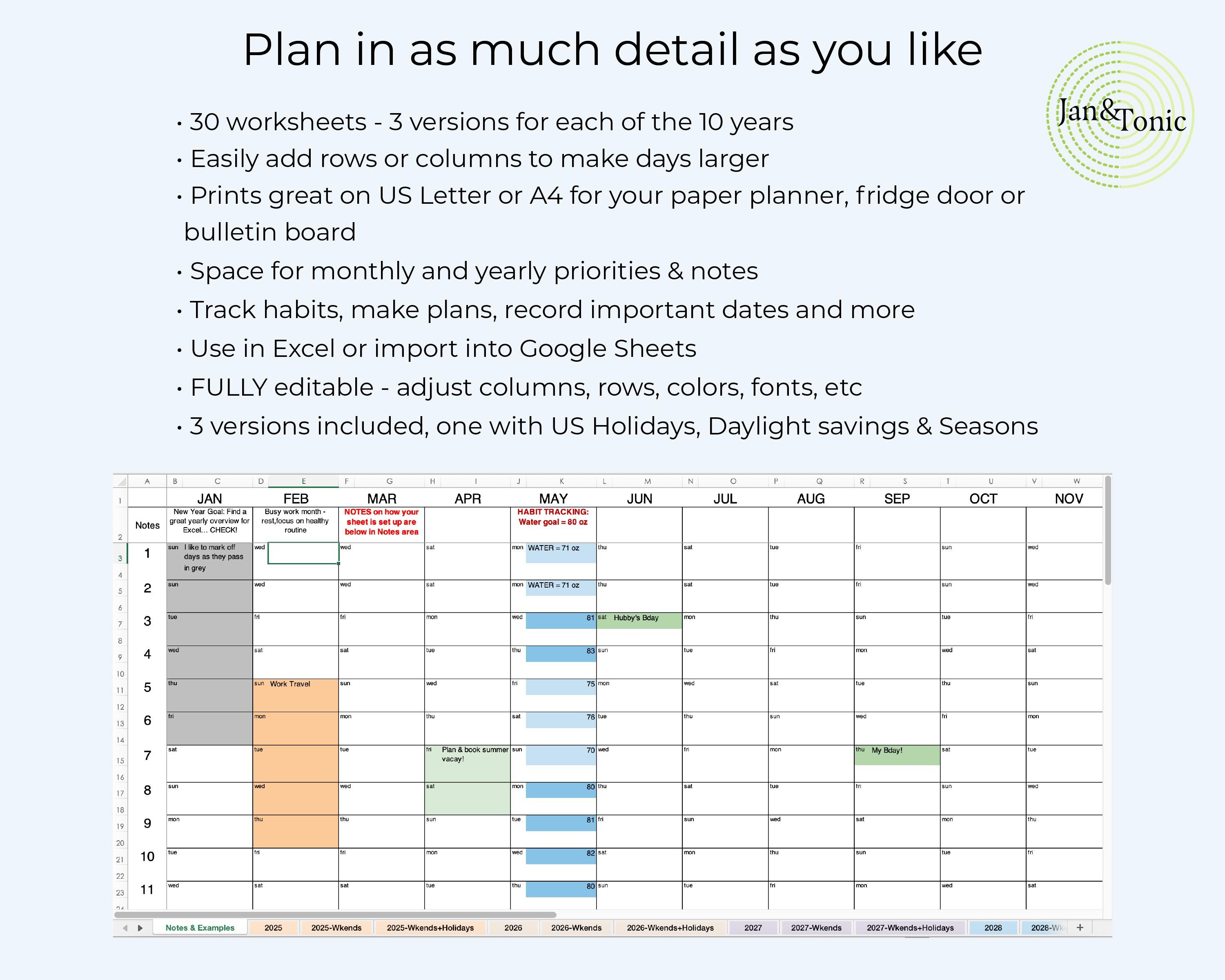 Year Planner Excel Spreadsheet, Family, School, Professional, Travel ...