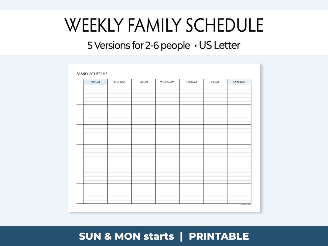 Printable Weekly Family Schedule, Spaces to Plan for 2 to 6 People ...