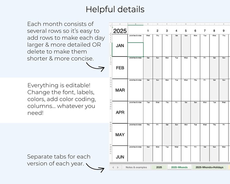 Year Planner Excel Spreadsheet, Family, School, Professional, Travel ...