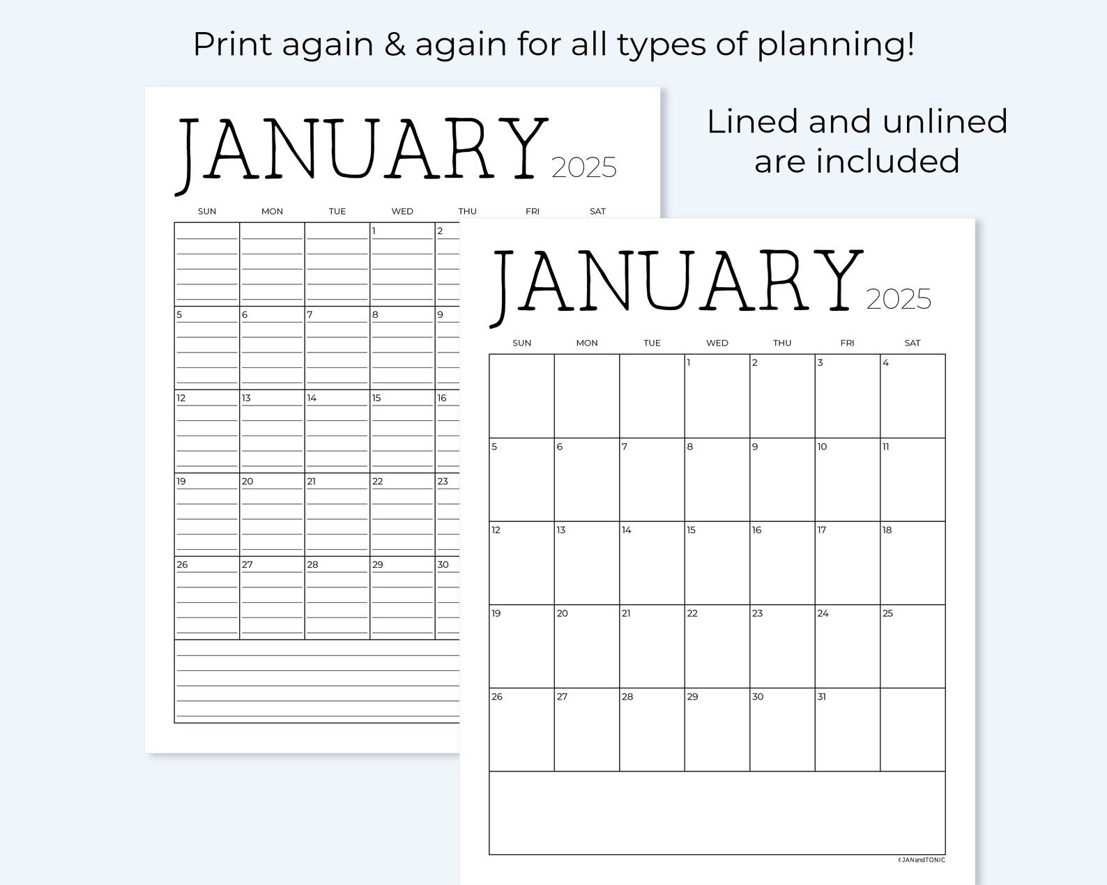 2025 Monthly Lined & Unlined Calendars, Printable PDF Inserts, Digital ...