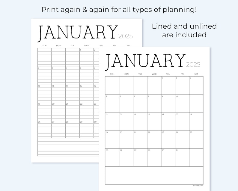 2025 Monthly Lined & Unlined Calendars, Printable PDF Inserts, Digital ...
